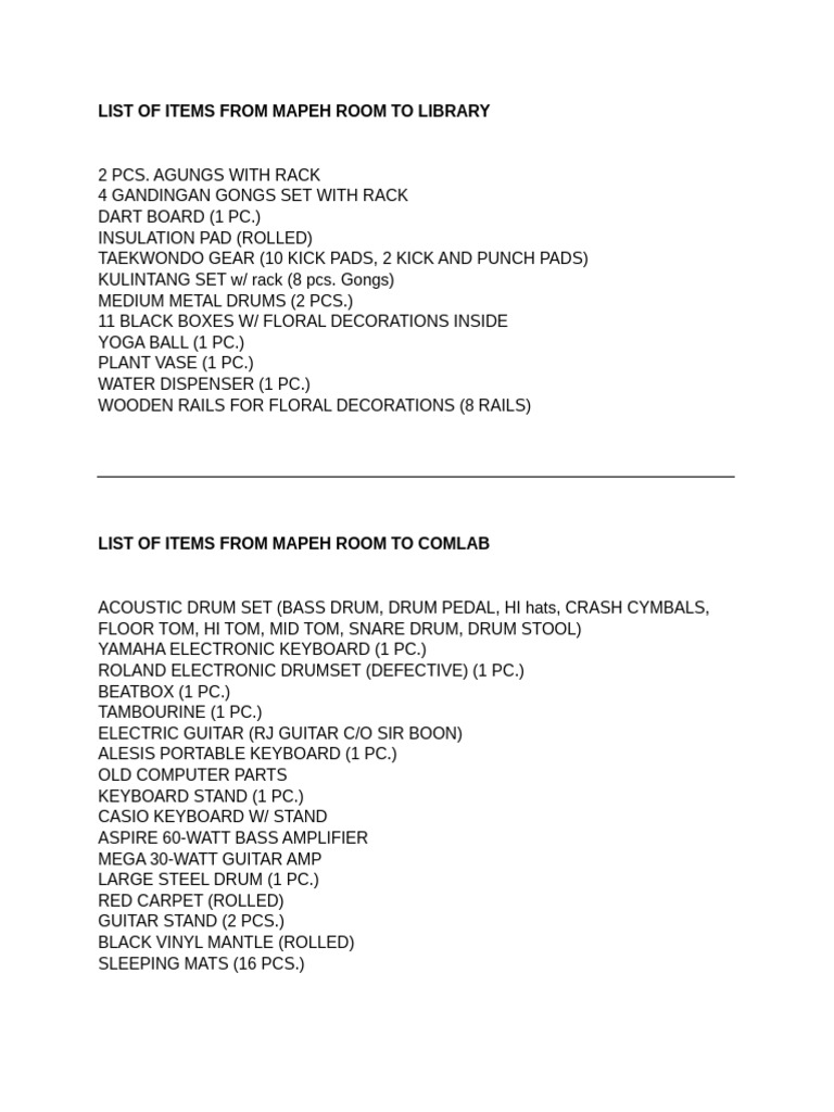 List of Items From Mapeh Room To Library | PDF