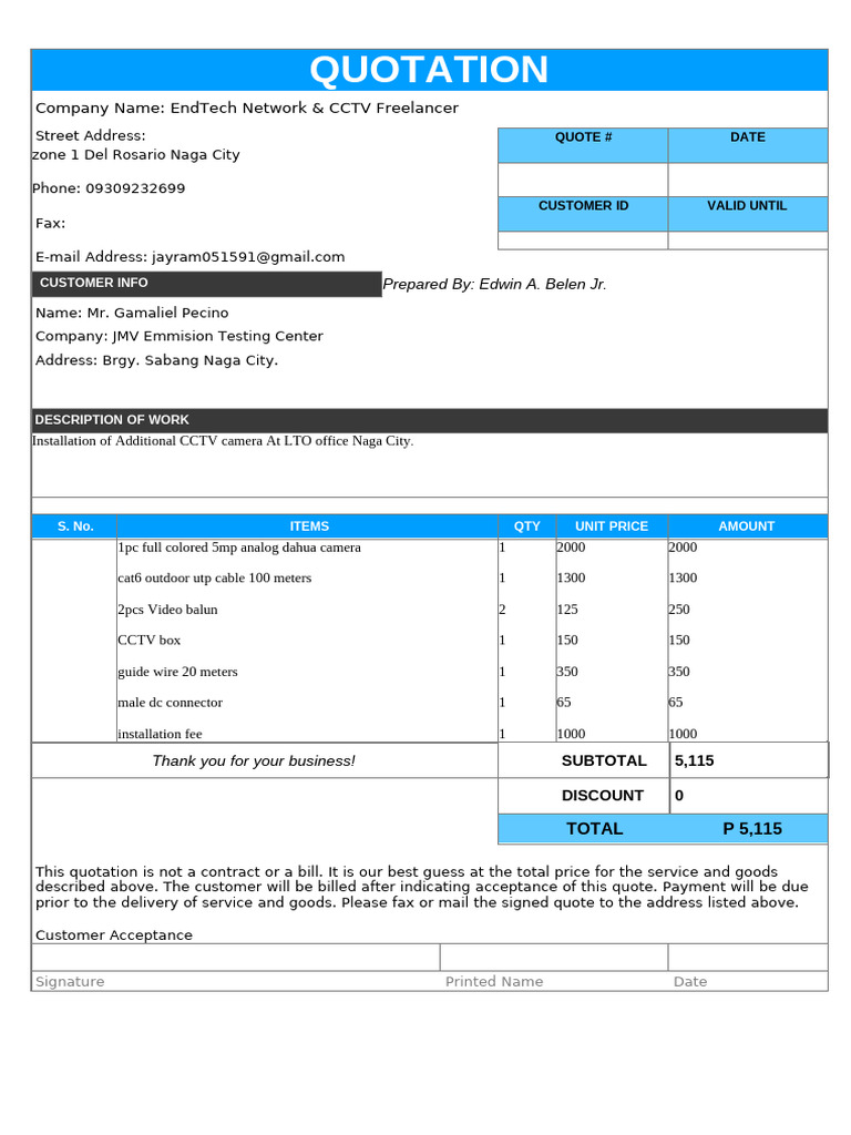 Quotation For The Installation of Cctv@lto Naga | PDF