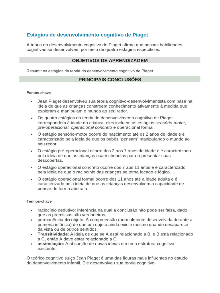 Estágios do Desenvolvimento Cognitivo de Piaget | PDF | Behaviorismo | Aprendizado