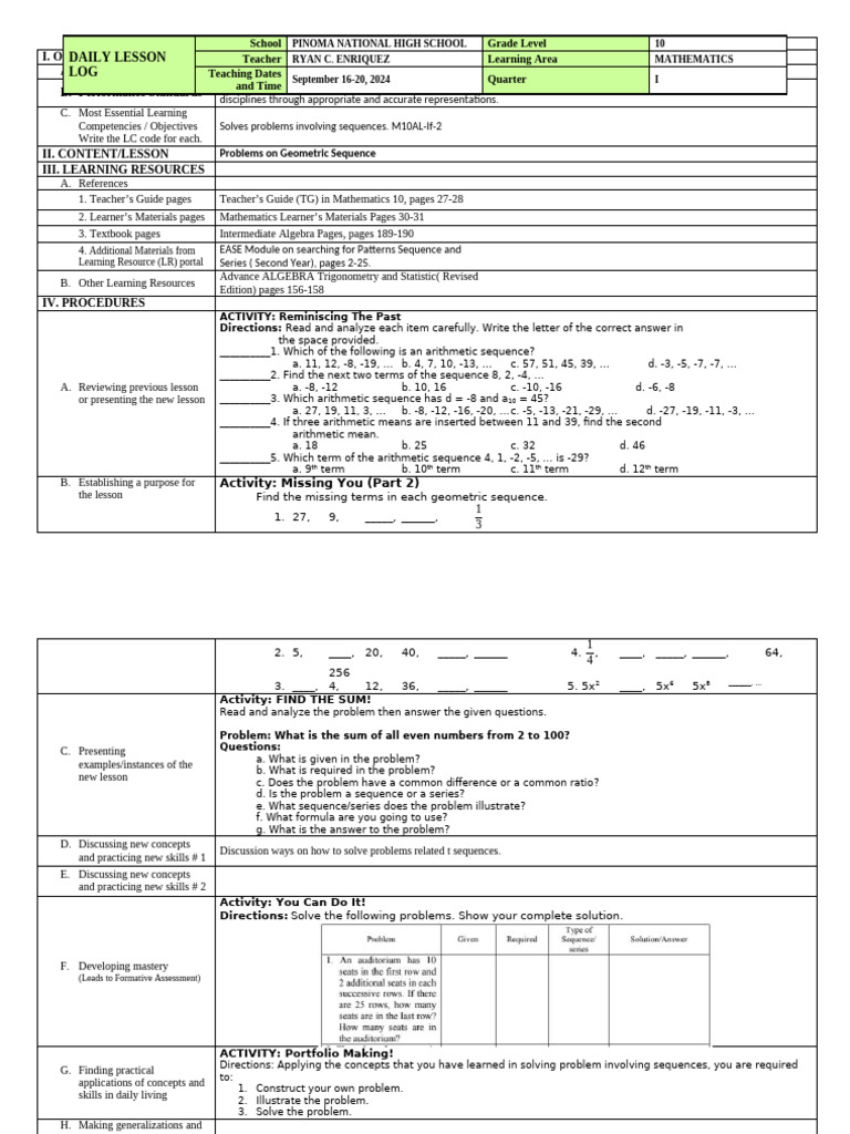 Grade-10-Quarter-I-Week-8-DLL | PDF | Mathematics | Algebra