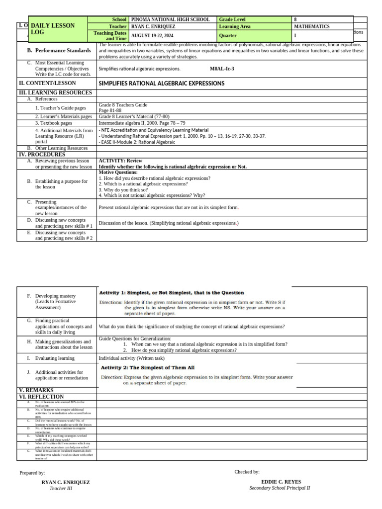 Grade-8-Quarter-I-Week-4-DLL | PDF | Equations | Variable (Mathematics)