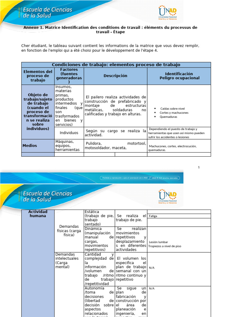 Annexe 1 - Matrice d'identification des conditions de travail éléments du processus de travail 5 ...