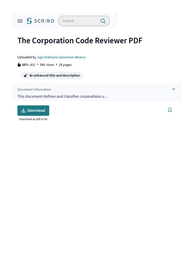 The Corporation Code Reviewer PDF - PDF - Corporations - Subsidiary | PDF | Scribd | Computing