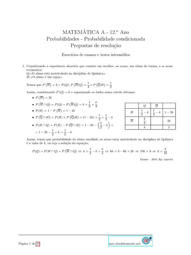 RESOLUÇÃO Probabilidade Condicionada - Exercícios de Exame e Testes ...