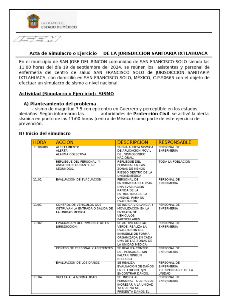 Acta de Simulacro o Ejercicio | PDF