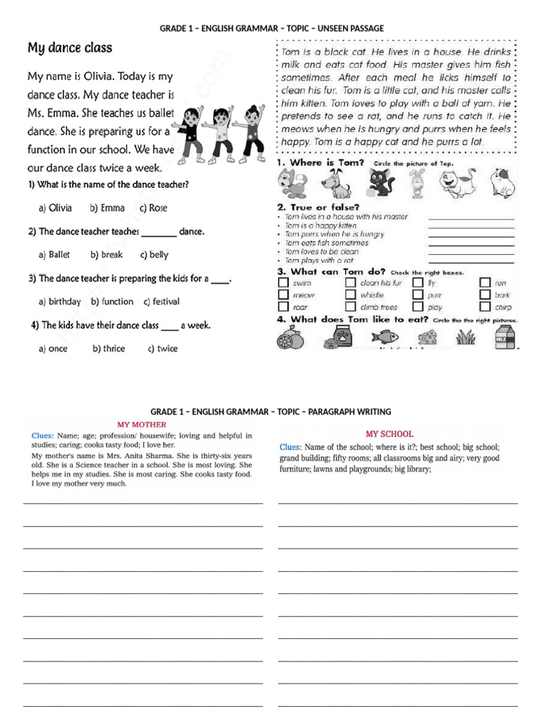 Grade 1 - English Grammar - Unseeen Passage & Paragraph Writing | PDF