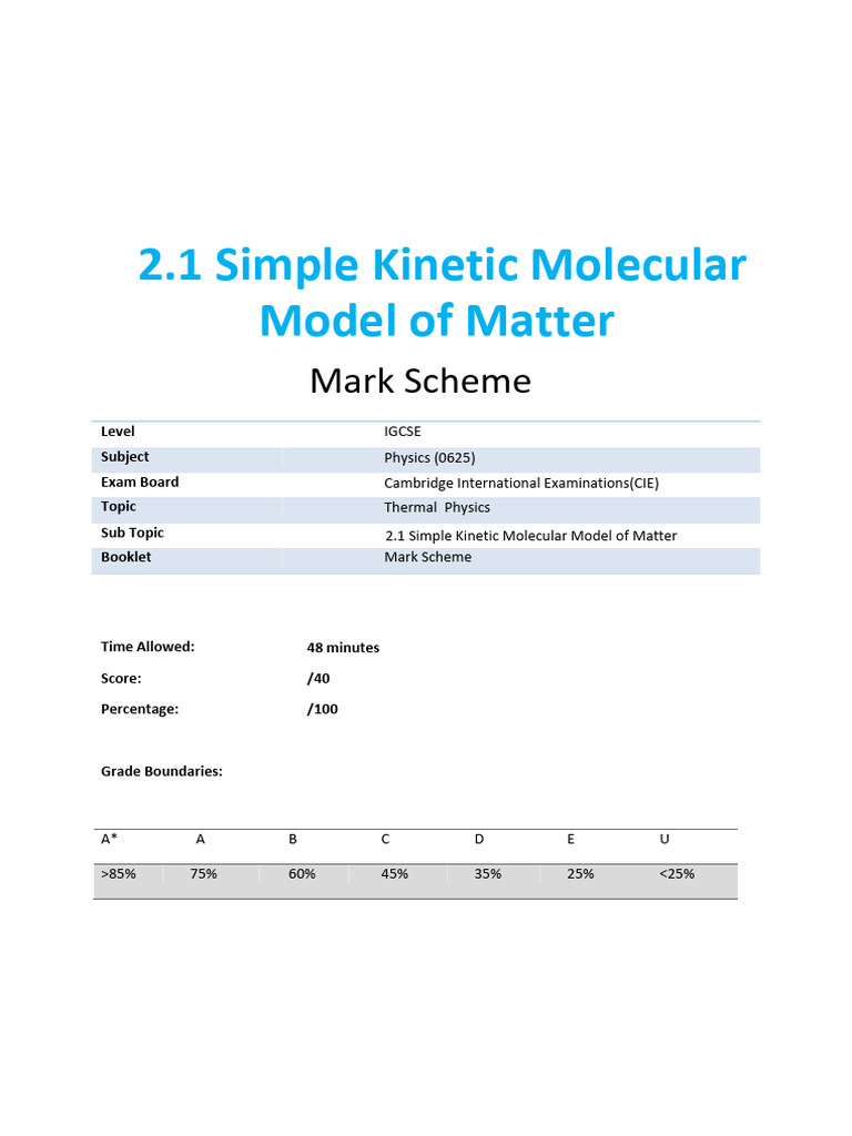 IGCSE Physics Mark Scheme: Kinetic Model | PDF