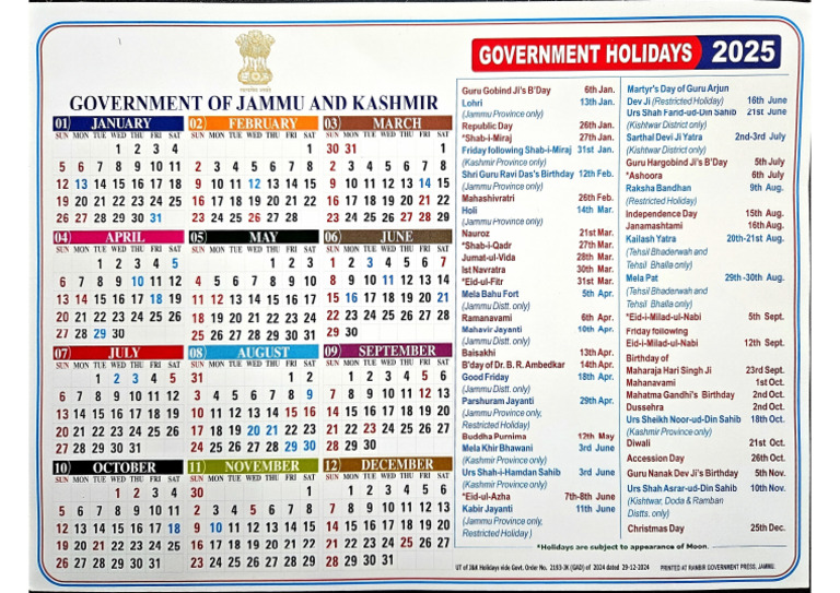 Govt Calender 2025 JK | PDF