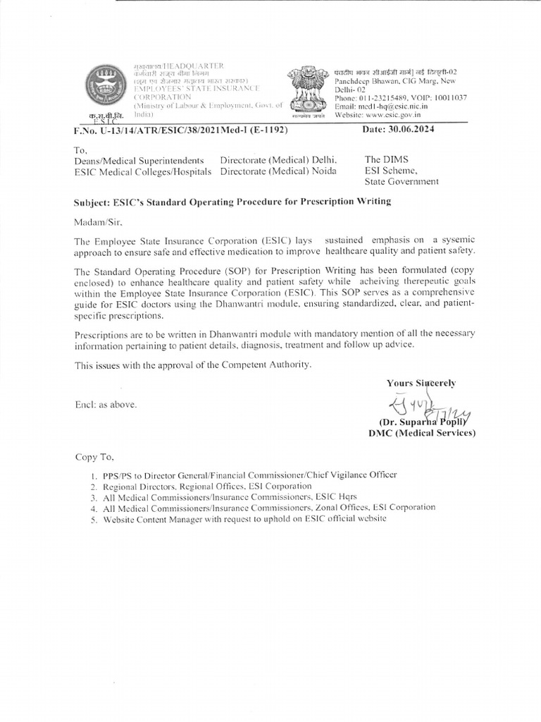 ESI Standard Operating Procedure for prescription writing | PDF ...
