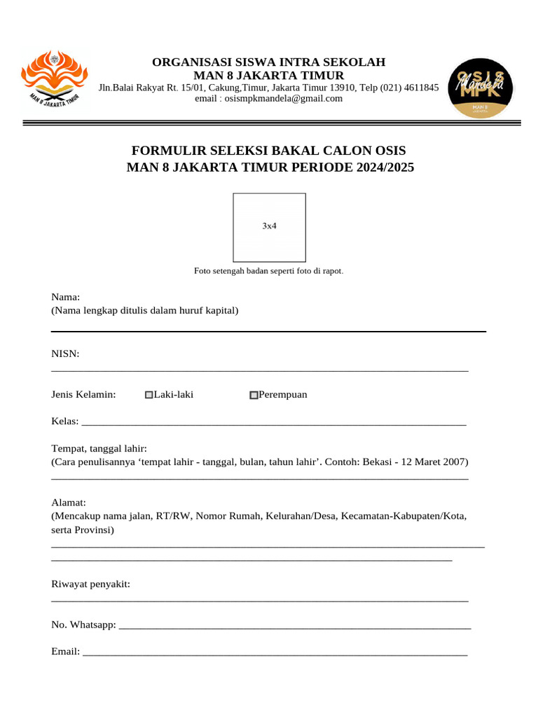 Formulir Seleksi Calon OSIS 2024/2025 | PDF