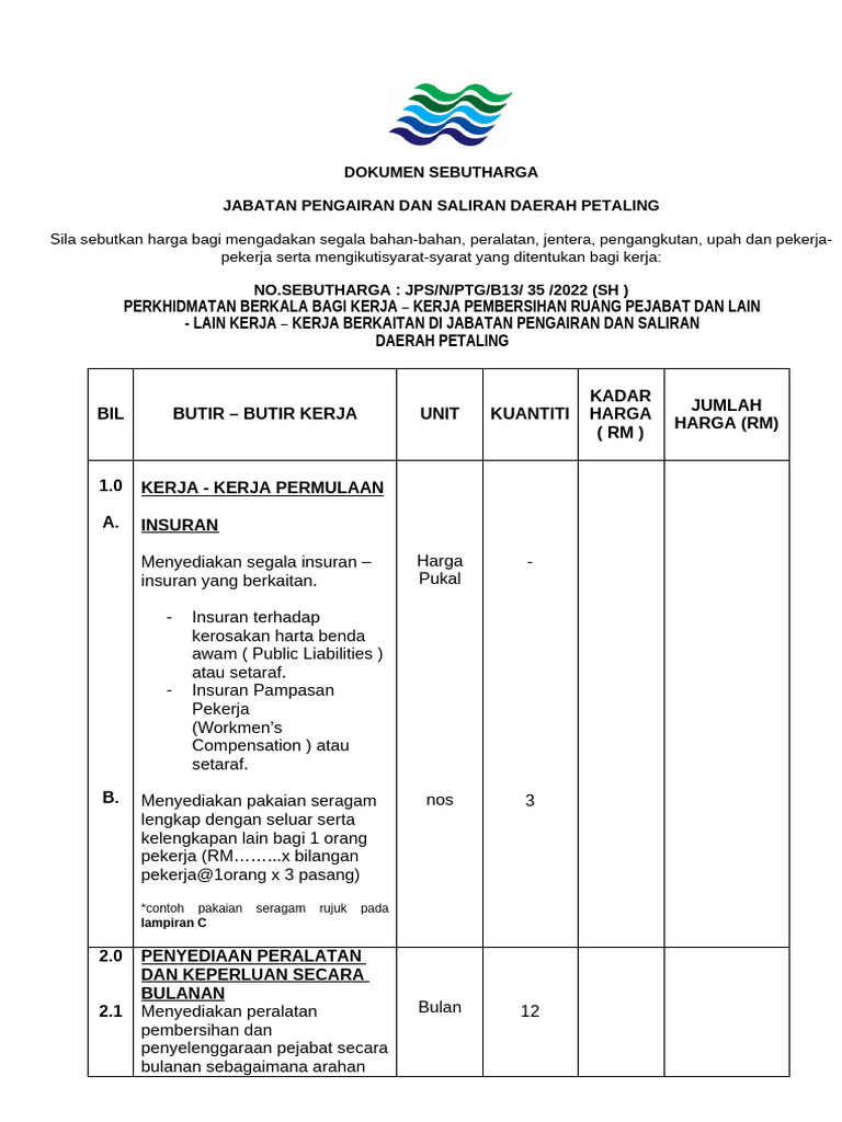 Sebutharga Perkhidmatan Pembersihan JPS Petaling | PDF