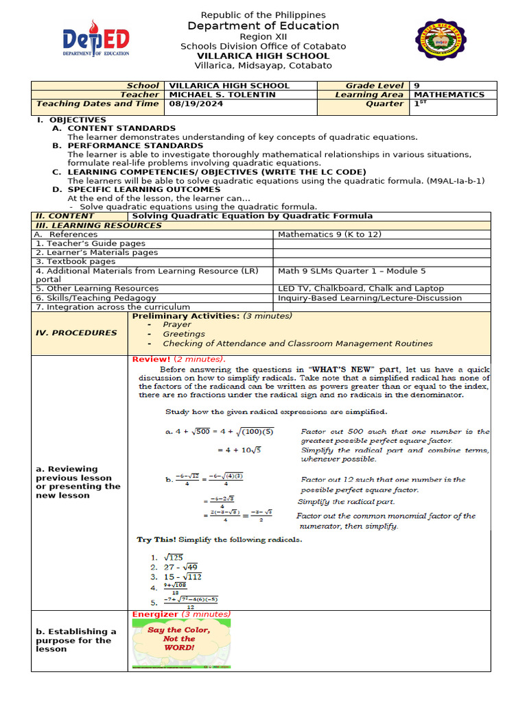 DLP LESSON 2D-SOLVING QUADRATIC EQUATIONS BY QUADRATIC FORMULA | PDF ...
