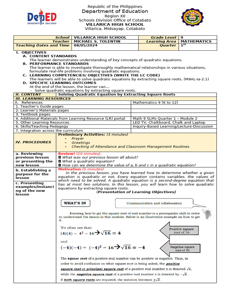 Quadratic Equations Lesson Plan | PDF | Learning | Quadratic Equation