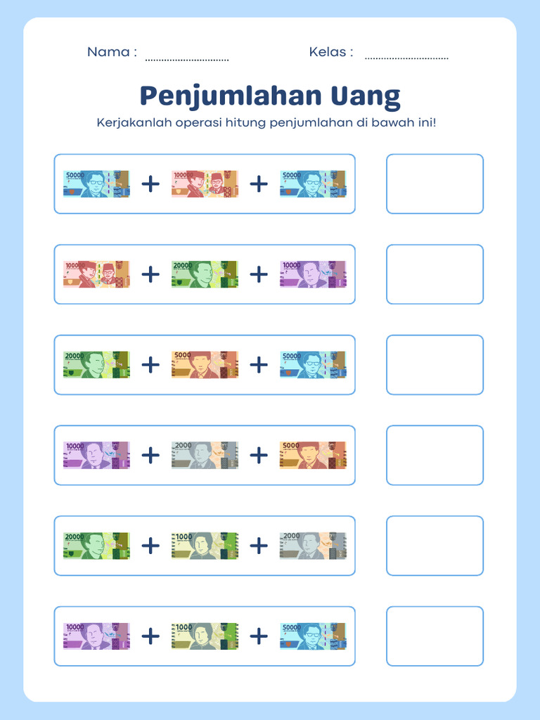 Penjumlahan Uang Lembar Kerja Matematika Dasar Biru Putih Ilustratif | PDF