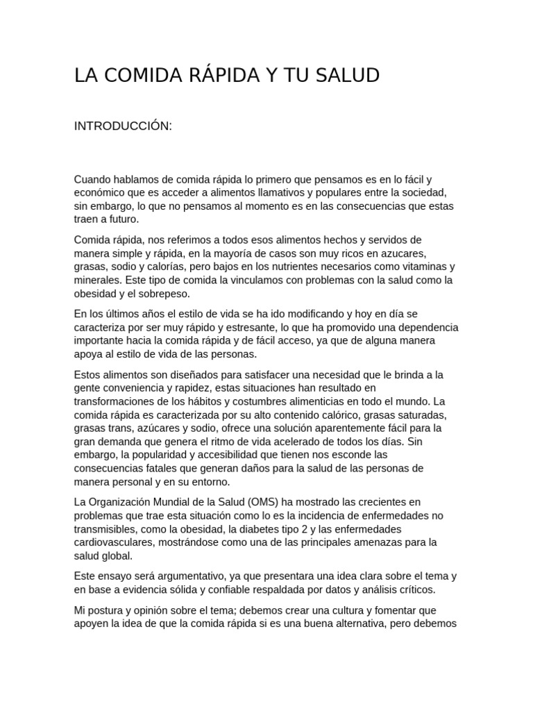 Impacto de la Comida Rápida en la Salud | PDF | Alimentos | Obesidad