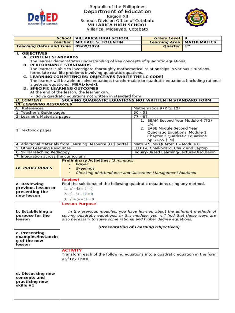 DLP Lesson 5a - Solving Equations Transformable To Quadratic Equations | PDF | Equations ...