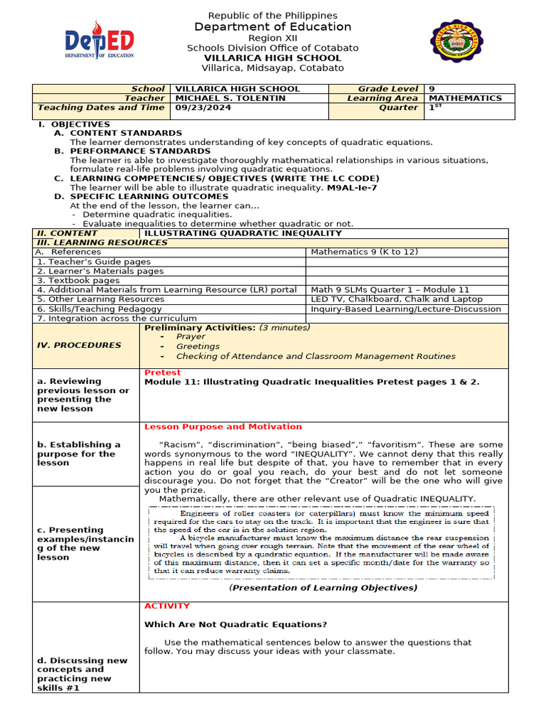 DLP Lesson 8 - Illustrating Quadratic Inequality | PDF | Equations ...