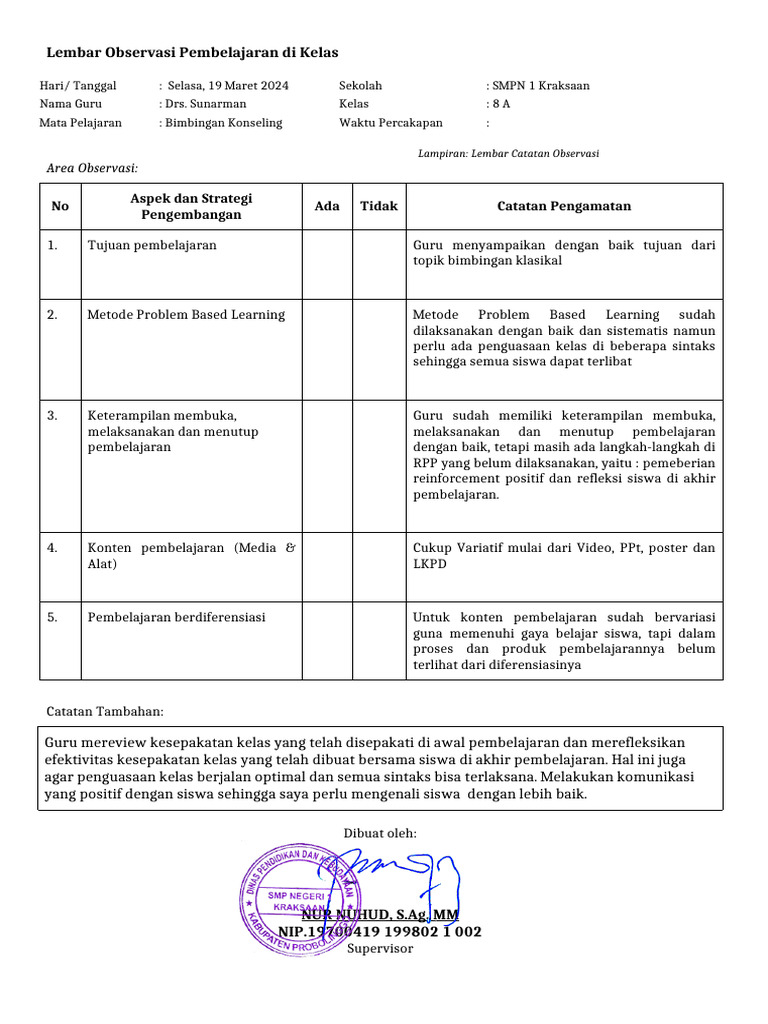 2_Lembar Observasi Pembelajaran di Kelas | PDF