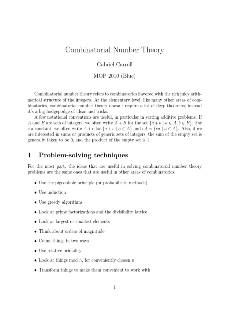 Combinatorial Number Theory - Gabriel Carroll - MOP (Blue) 2010 | PDF | Combinatorics | Number ...
