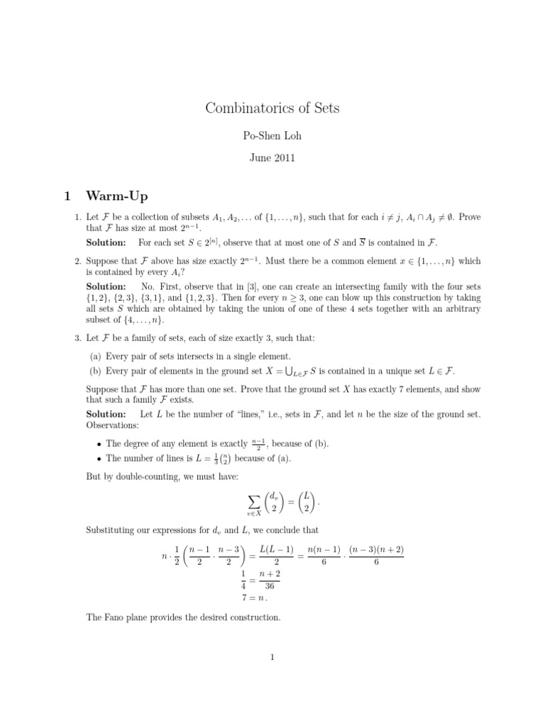 Combinatorics of Sets Solutions - Po-Shen Loh - MOP 2011 | PDF | Geometry | Mathematics