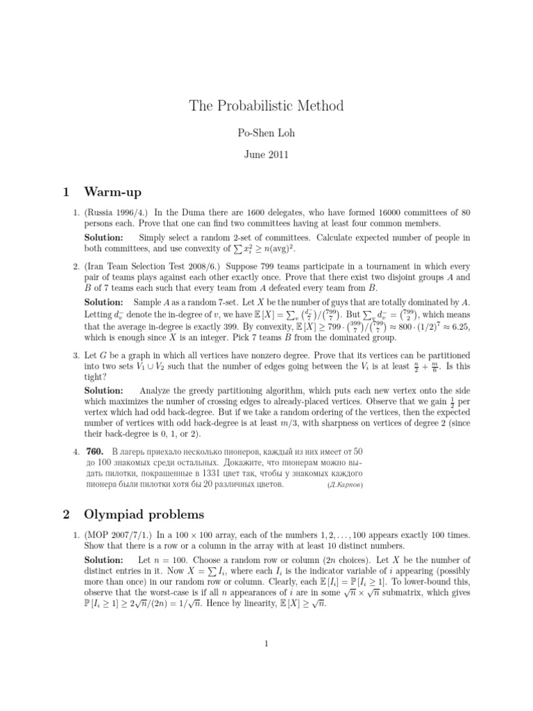 Probabilistic Method Solutions - Po-Shen Loh - MOP 2011 | PDF | Odds ...
