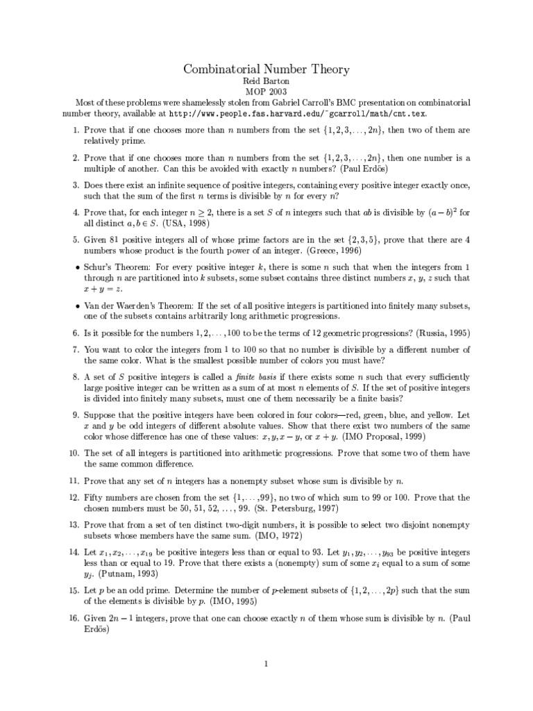 Combinatorial Number Theory - Reid Barton - MOP 2003 | PDF