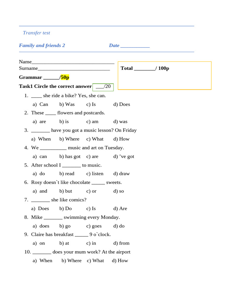 Transfer Test Family_and_friends_2 | PDF