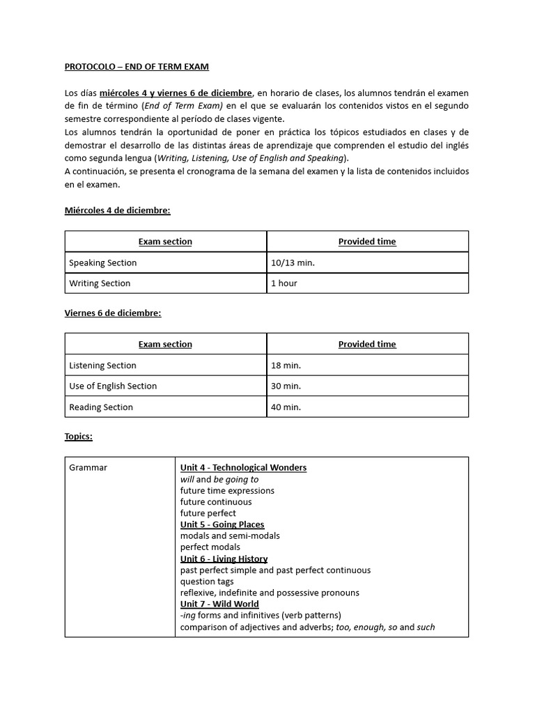 B1+ - End of Term Exam Protocol | PDF