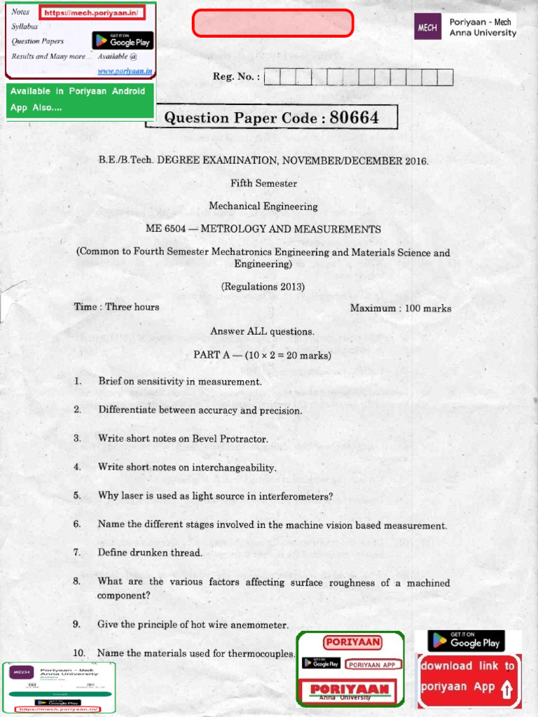 ME3592 Metrology and Measurements Reg 2021 November December 2016 Question Paper | PDF ...