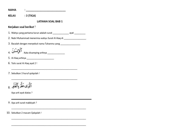 Latihan Soal Surat Al Alaq Kelas 3 | PDF