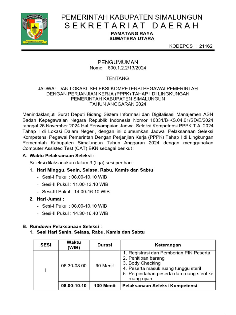 Pengumuman Jadwal Seleksi PPPK Tahap 1 Kab. Simalungun Tahun 2024 | PDF