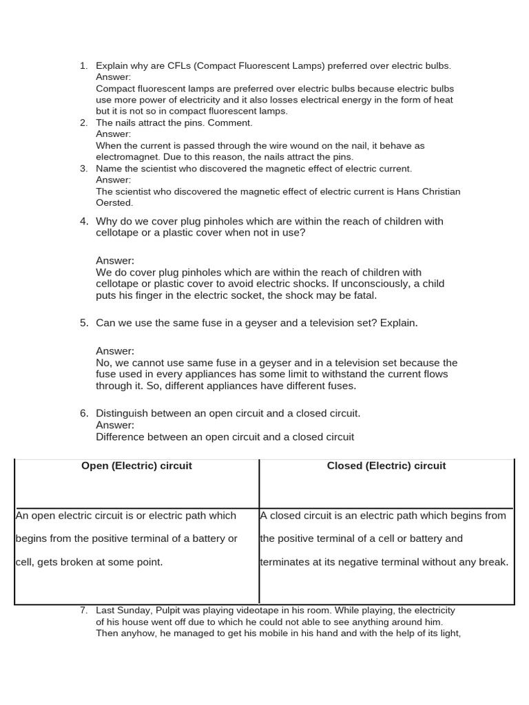 CLASS 7 Science Electric Current Extra Questions | PDF | Compact ...
