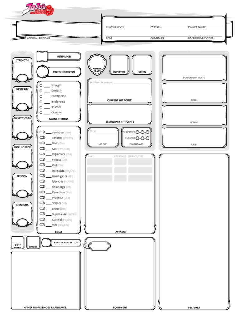 JoJo D&D Character Sheet Template | PDF | Entertainment | Storytelling