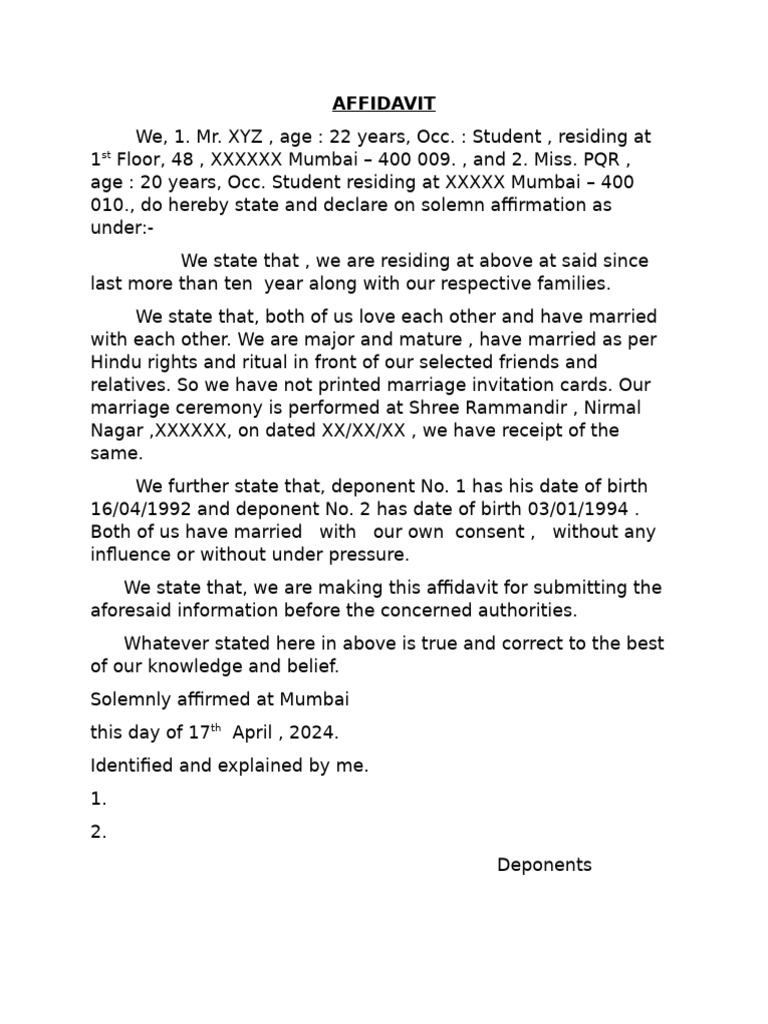 Affidavit of Marriage Declaration | PDF
