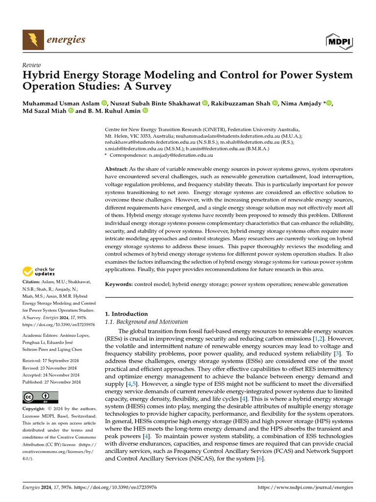 Hybrid Energy Storage Modeling And Control For Power System Operation