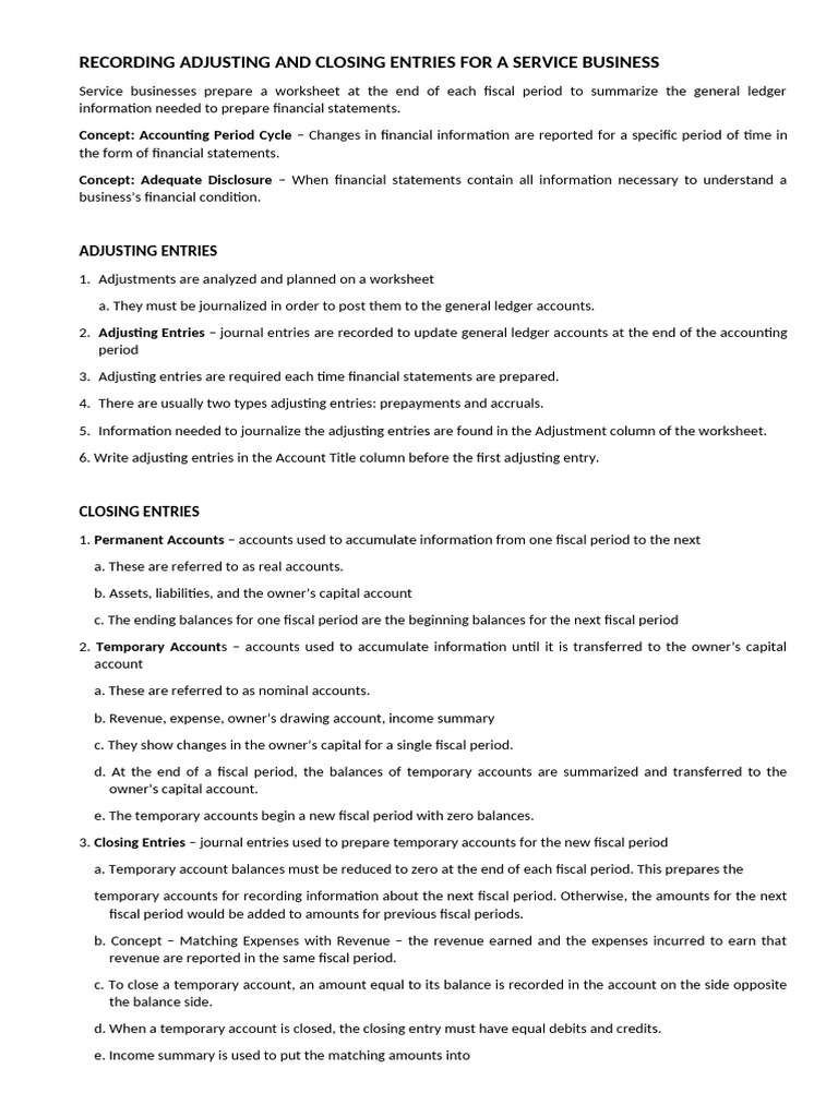 Adjusting & Closing Entries for Services | PDF | Debits And Credits ...