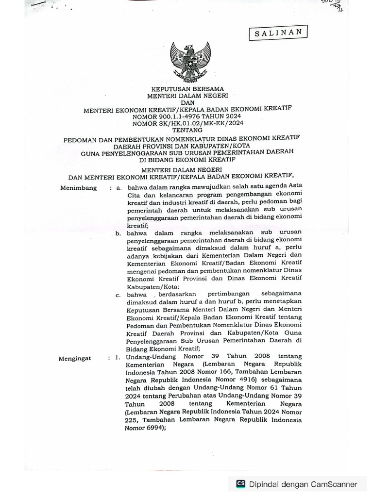 Scan SKB Mendagri Dan Menkraf Pedoman Pembentukan Dinas Ekonomi Kreatif | PDF