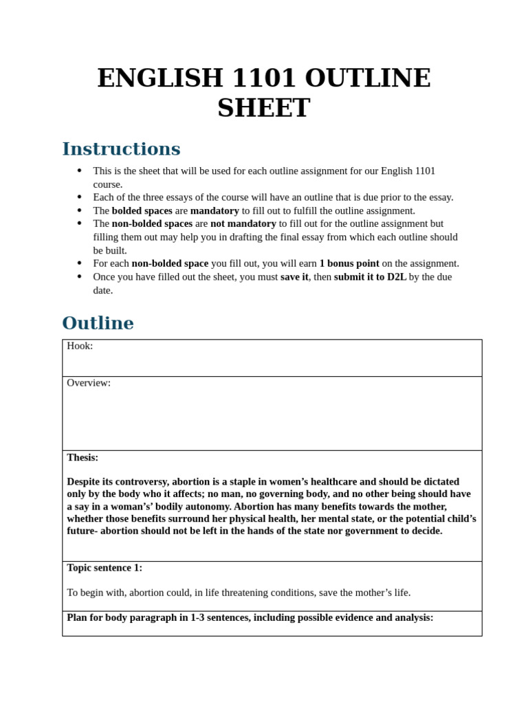 ENGLISH 1101 OUTLINE SHEET (2) (4) | PDF | Abortion | Mother