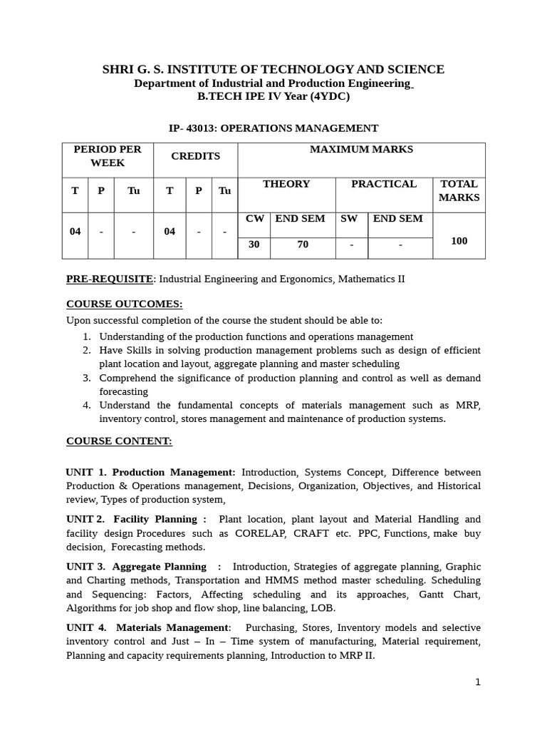 IPE_IV_Year_Syllabus_2020-21 (1) | PDF | Supply Chain | Logistics