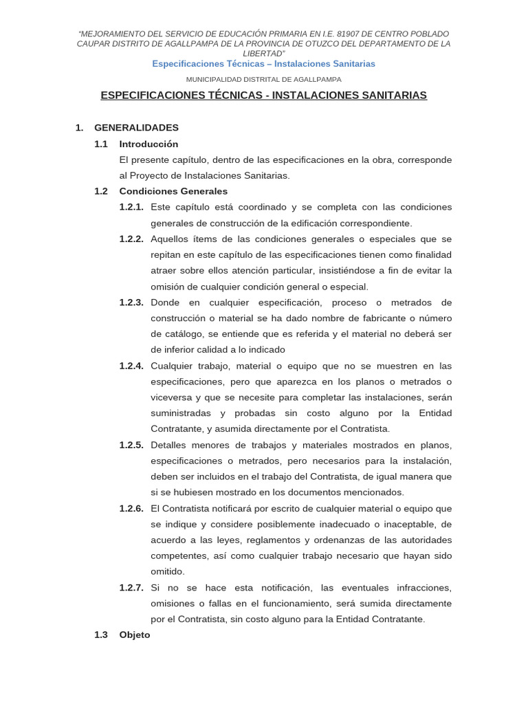 03.03. Especificaciones Técnicas de Inst. Sanitarias | PDF | Presupuesto | Tubería (transporte ...