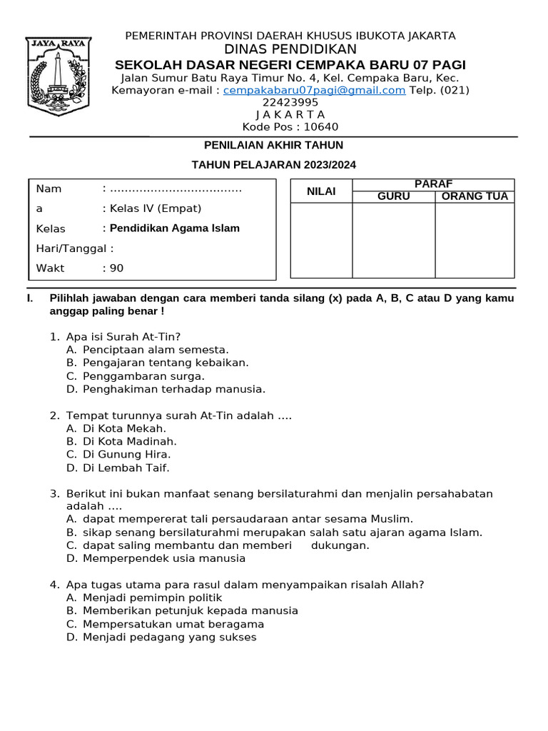 SOAL PAI KELAS 4 SEMESTER GENAP(1) | PDF