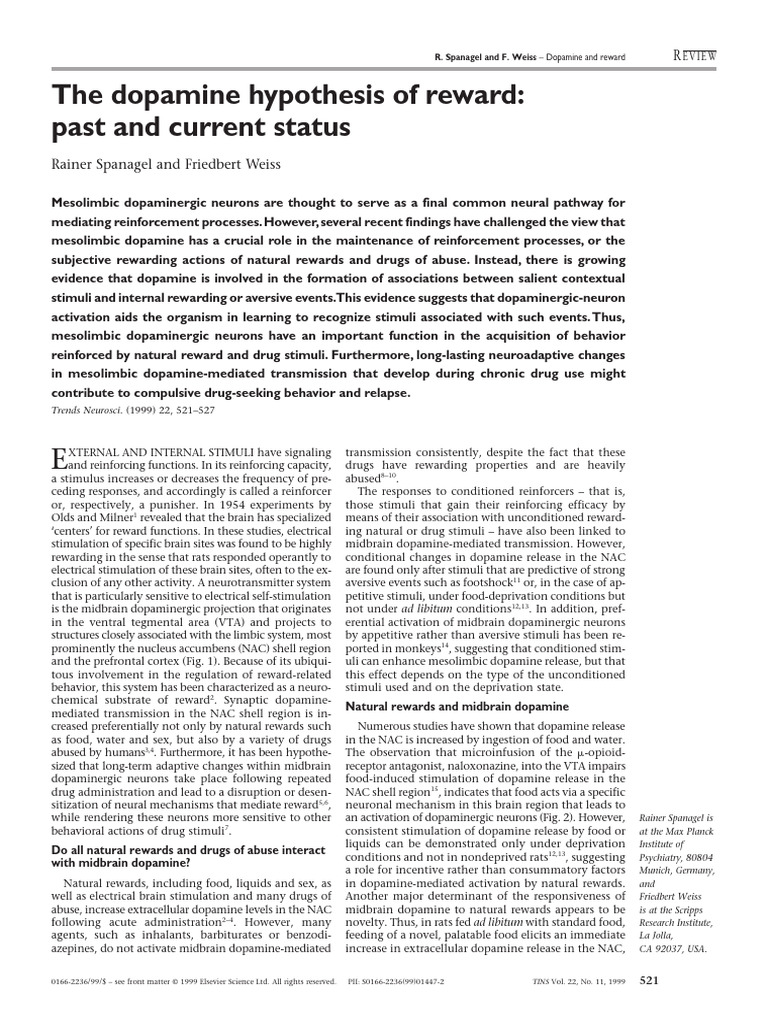 The Dopamine Hypothesis of Reward. Past and Current Status | PDF | Reward System | Dopamine