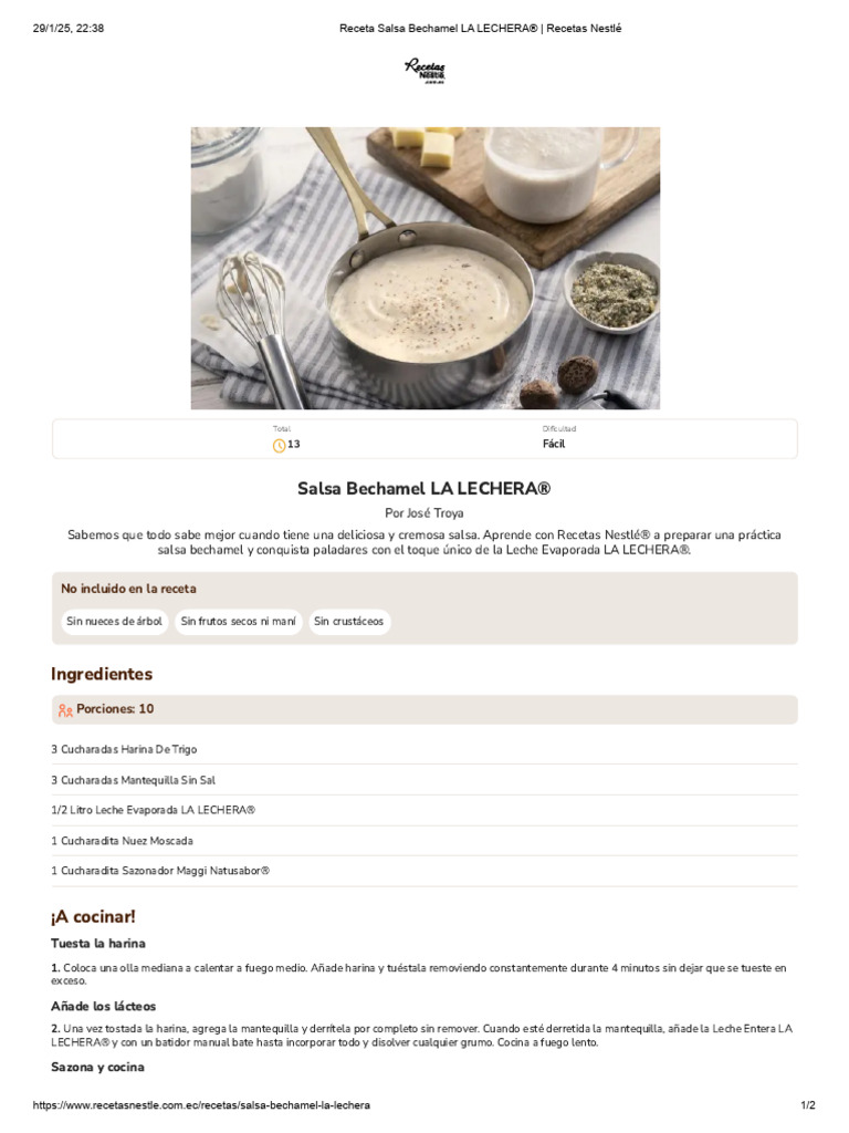 Receta Salsa Bechamel LA LECHERA® - Recetas Nestlé | PDF | Salsa ...