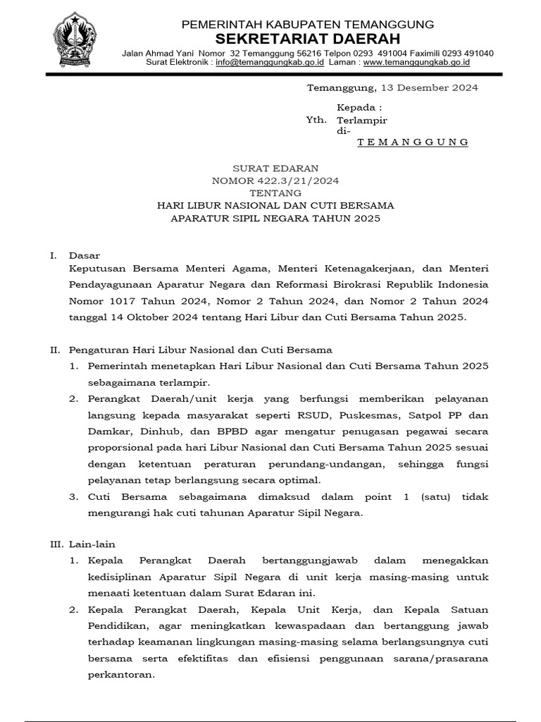 Surat Edaran Hari Libur Nasional Dan Cuti Bersama Tahun 2025 | PDF