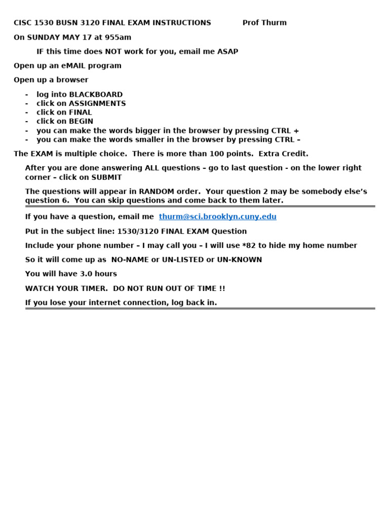 Cisc 1530 Busn 3120 Final Exam Instructions | PDF