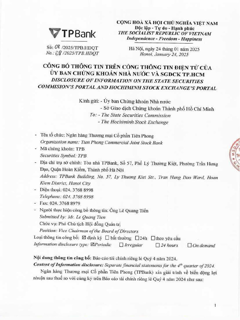 20251024+ +TPB+ +BCTC+Rieng+Le+Q4.2024+Kem+Giai+Trinh+Chenh+Lech+LNST VI | PDF