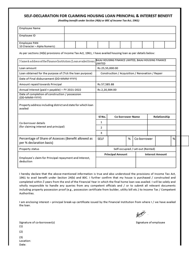 Housing Loan Benefit Self-Declaration Form | PDF | Mortgages | Taxes