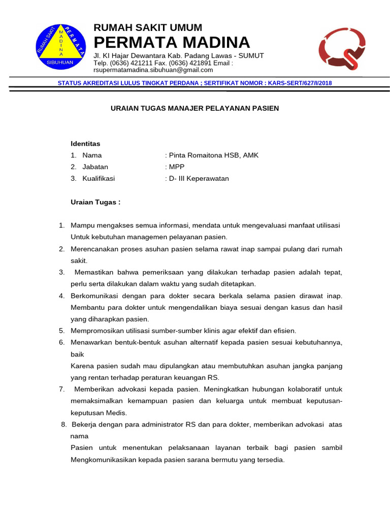 Uraian Tugas Perawat Pelaksana Lt 1 | PDF