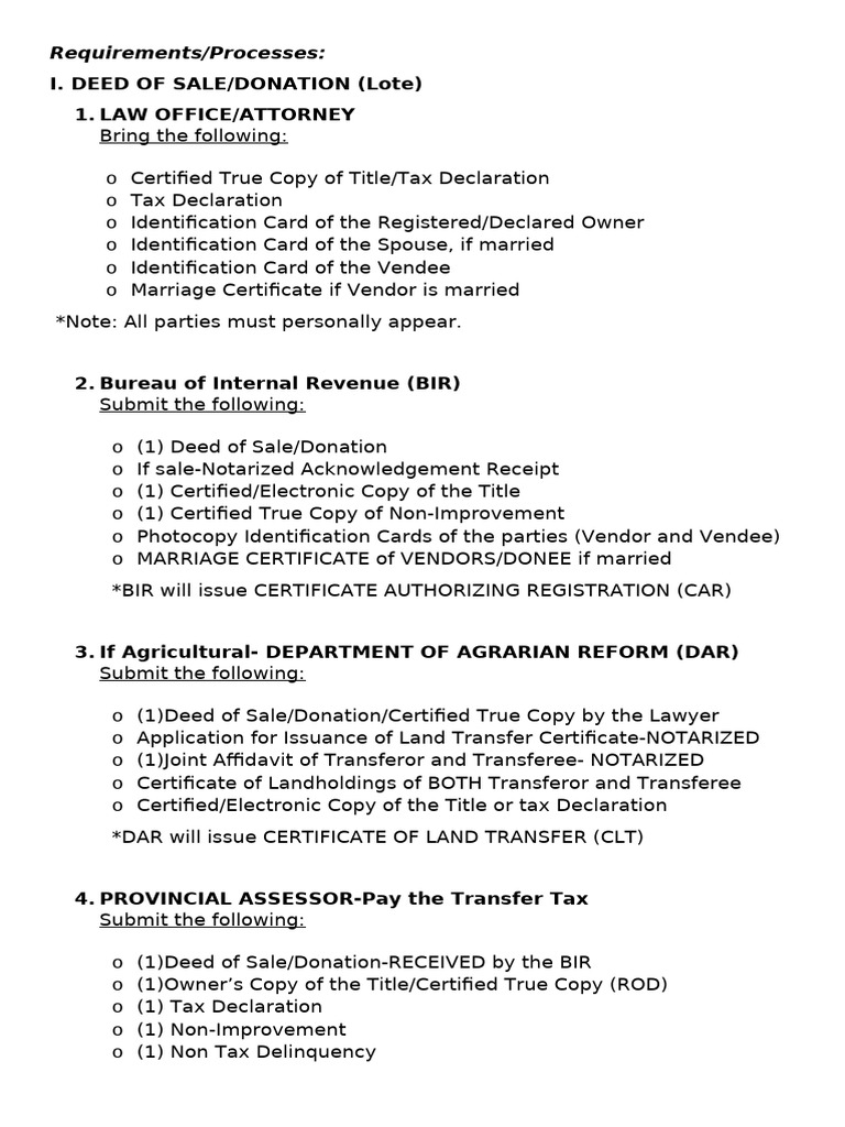 Property Sale and Donation Requirements | PDF | Identity Document | Notary Public