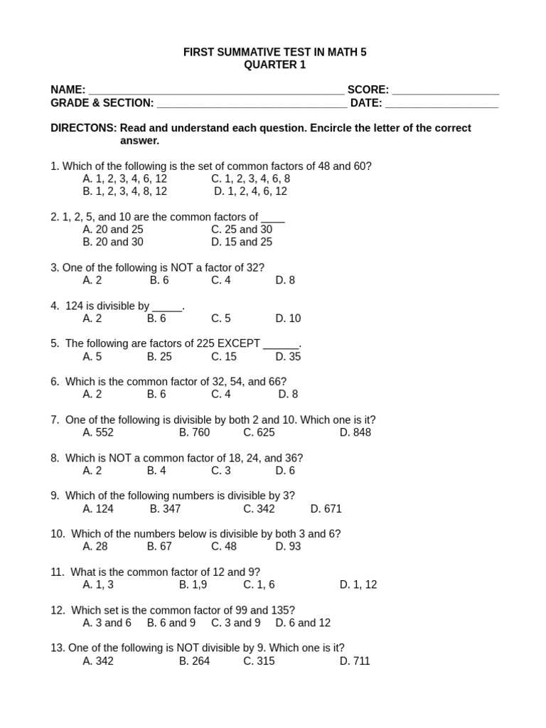 FIRST SUMMATIVE TEST IN MATH 5 | PDF
